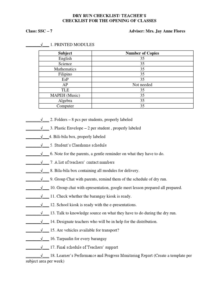 Dry Run Checklist/ Teacher'S Checklist For The Opening of Classes Class ...