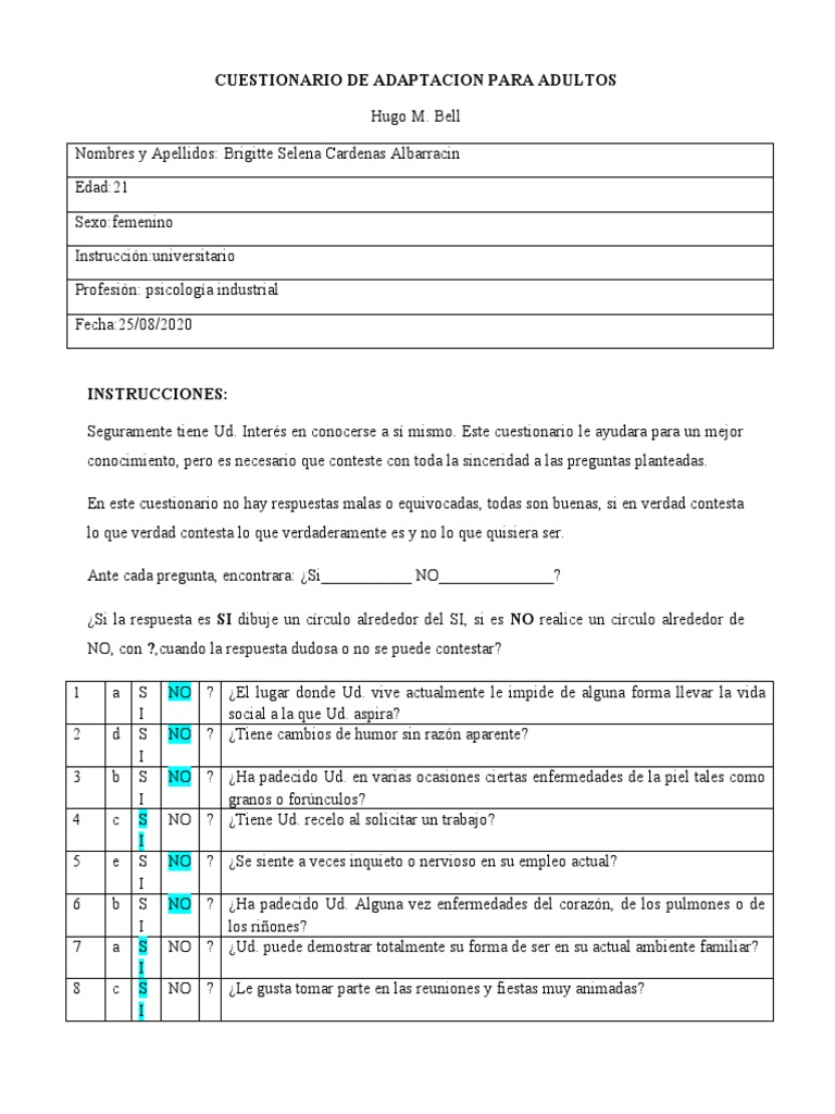 Cuestionario de Adaptación de Hugo Bell | PDF | Especialidades Medicas ...