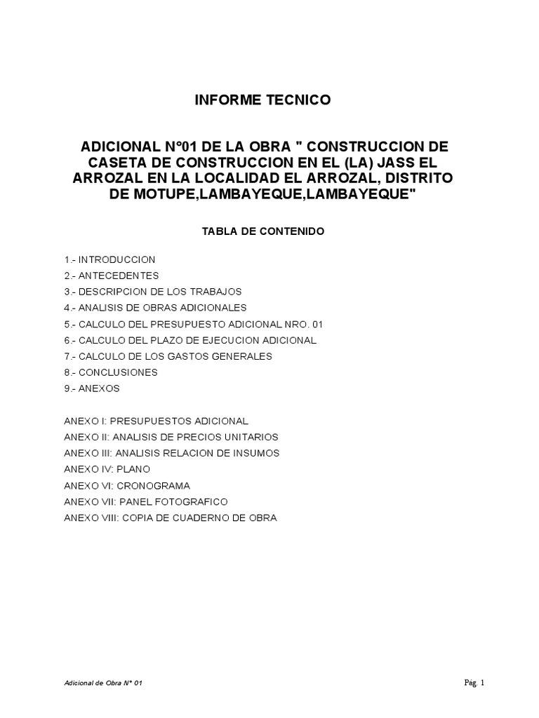 INFORME_TECNICO_ADICIONAL_DE_OBRA_ADICIONAL N°01 CASETA | PDF | Presupuesto | Economias