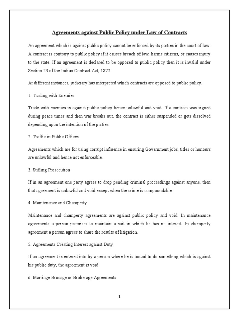 Agreements Against Public Policy Under Law of Contracts | PDF | Public ...