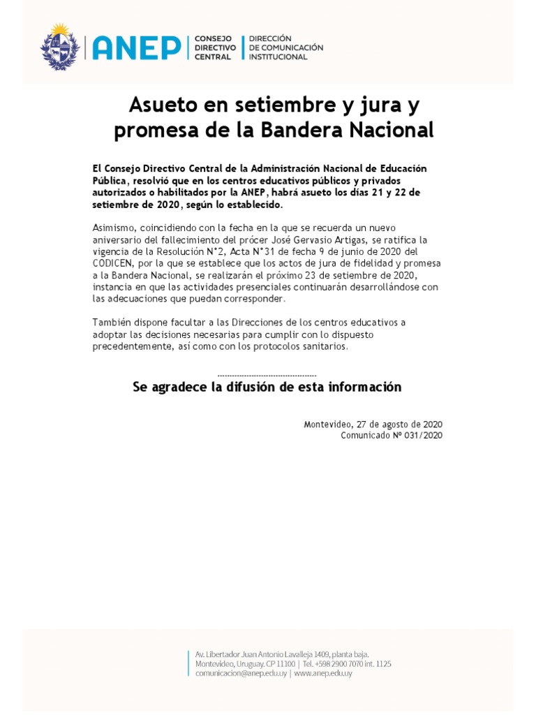 Comunicado #031-Asueto y Jura de La Bandera | PDF