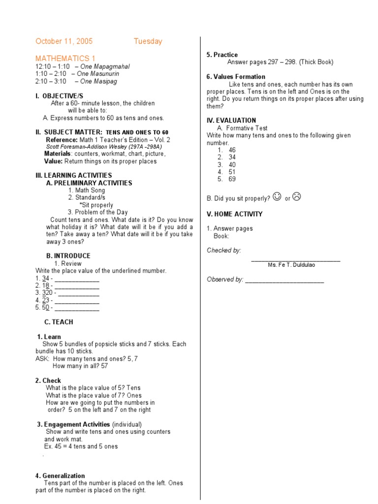 Expressing Numbers as Tens and Ones: A Lesson Plan for Teaching Place ...