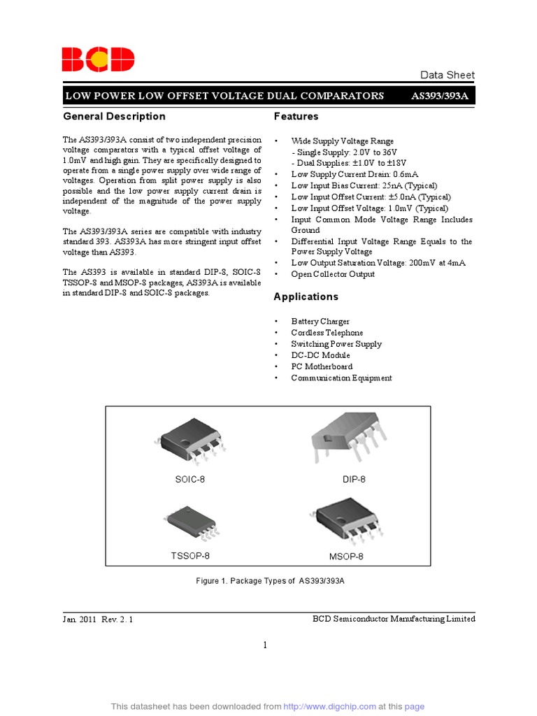 Low Power Low Offset Voltage Dual Comparators As393/393A | PDF