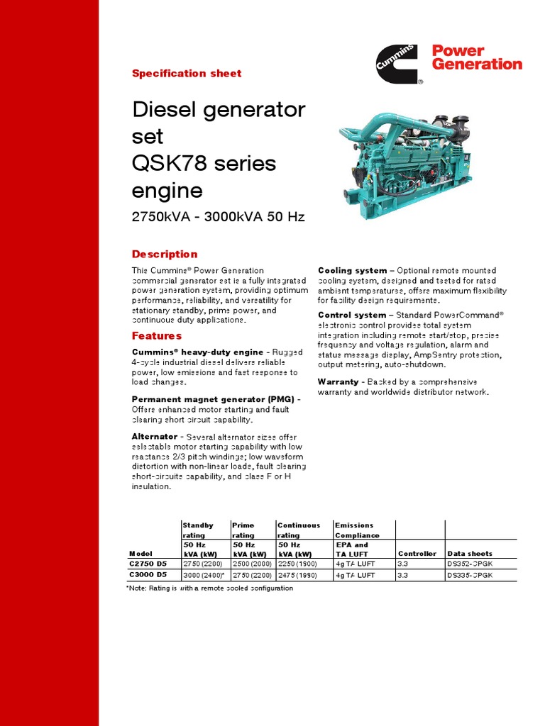 Diesel Generator Set QSK78 Series Engine: 2750kVA - 3000kVA 50 HZ | PDF ...