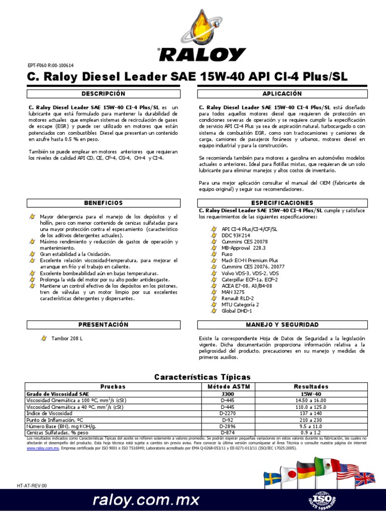 HT-C Raloy Diesel Leader SAE 15W-40 API CI4 Plus-SL | PDF | Motor ...