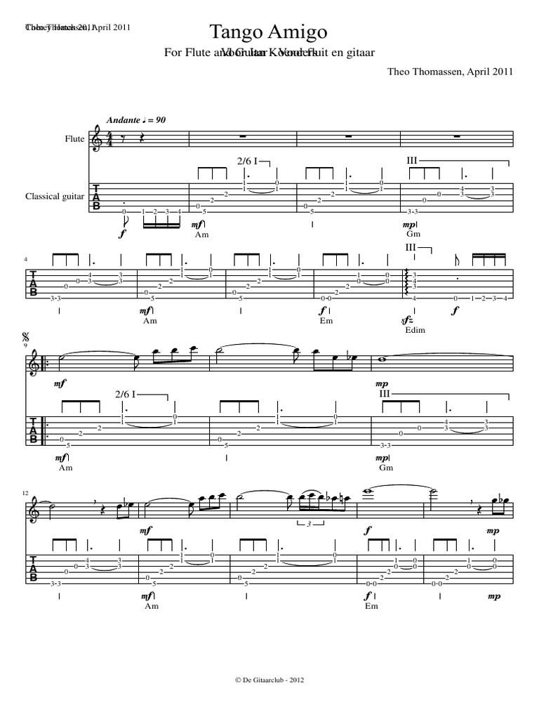 Tango Amigo For Flute and Guitar - Theo Thomassen-Score and Parts | PDF ...