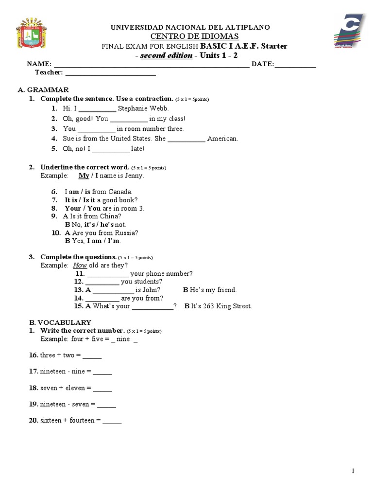 BASIC I A.E.F. Starter - Second Edition - Units 1 - 2: Centro de ...