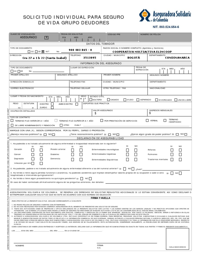 Formato Aseguradora Solidaria | PDF | Póliza de seguros | Medicina