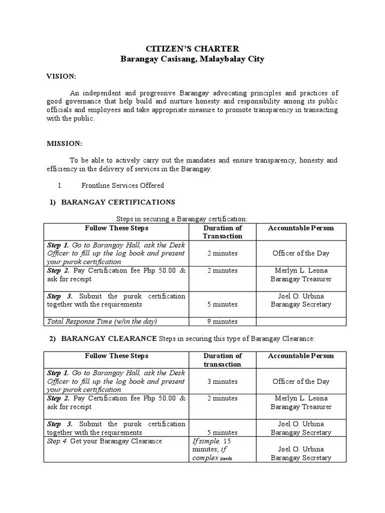 Citizen'S Charter Barangay Casisang, Malaybalay City: Vision | PDF ...