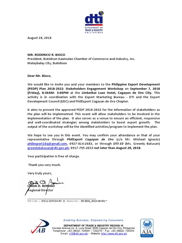 Inviting Bukidnon Kaamulan Chamber To EDC PEDP Sept 7 2018 | PDF
