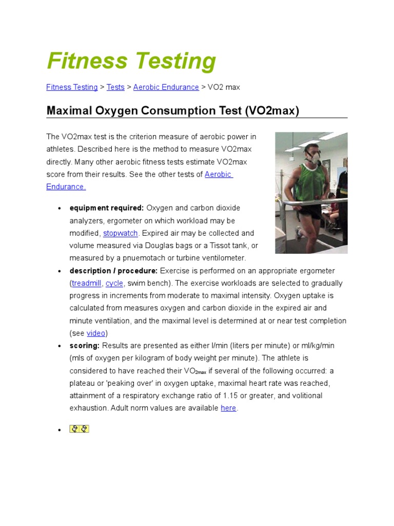 Fitness Testing: Maximal Oxygen Consumption Test (VO2max) | PDF