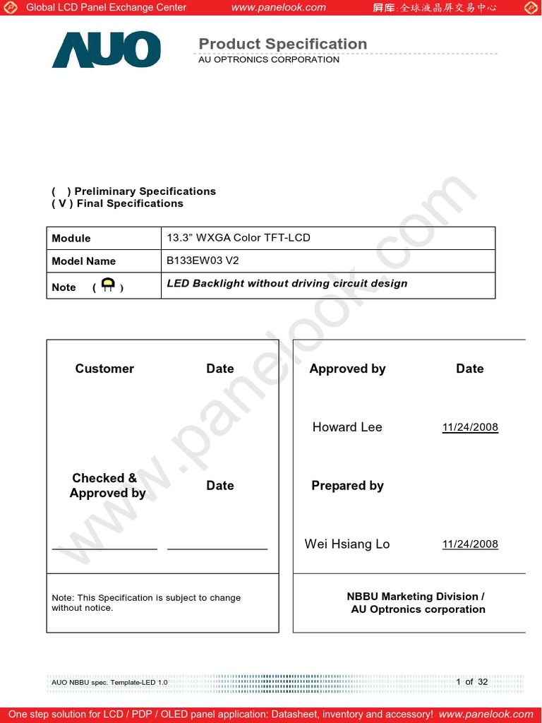 Product Specification: Preliminary Specifications (V) Final ...