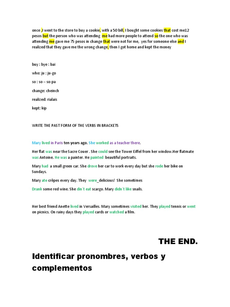 The End. Identificar Pronombres, Verbos y Complementos: Mary She | PDF