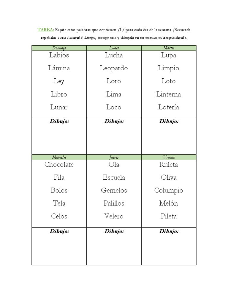 Tarea - Repetición de Palabras Con Fonema L para Cada Día de La Semana ...
