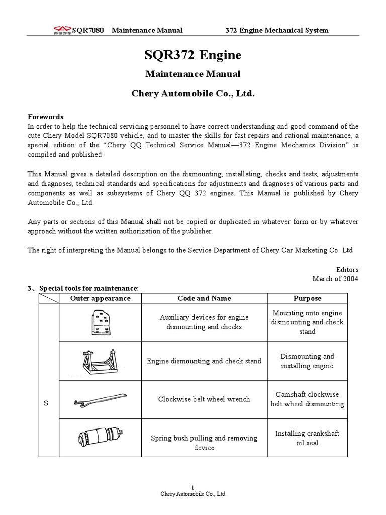 SQR372 Engine: Maintenance Manual Chery Automobile Co., LTD | PDF ...