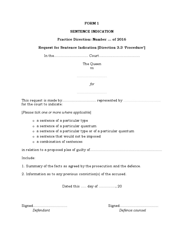 Form 1 Sentence Indication Practice Direction: Number ... of 2016 ...