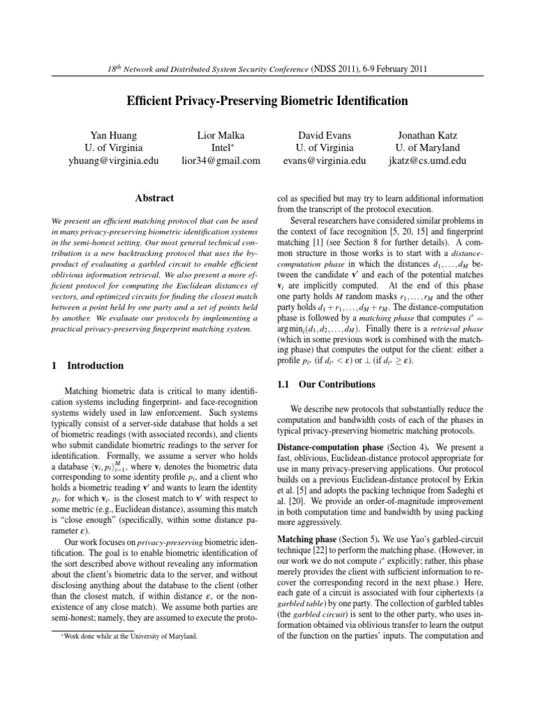 Efficient Privacy-Preserving Biometric Identification | PDF | Secrecy | Espionage Techniques