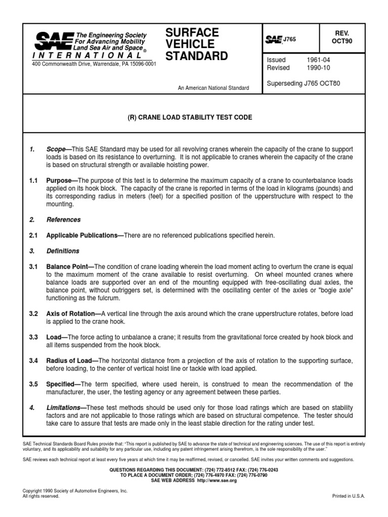 Sae J 765 (1990-10) Crane Load Stability Test Code PDF | PDF | Crane ...