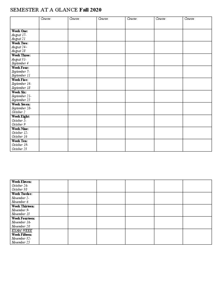 Semester at A Glance Fall 2020 | PDF
