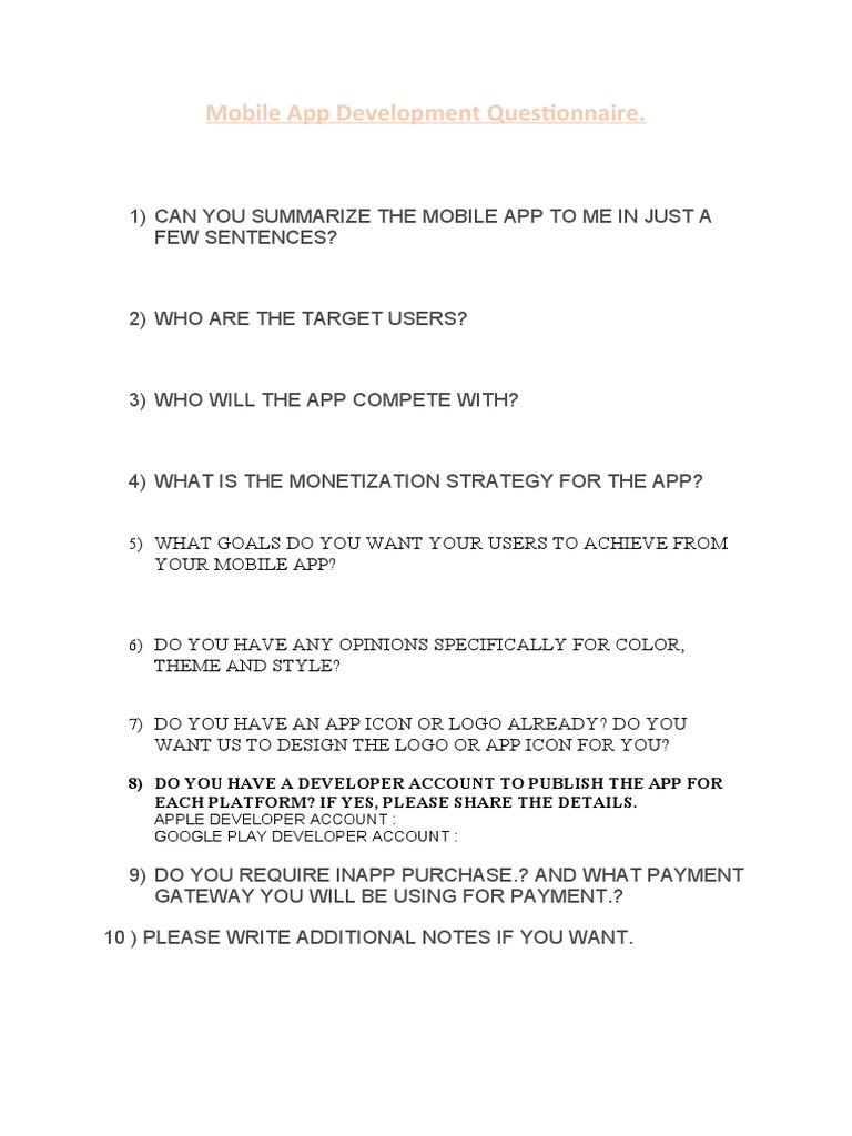 Mobile App Development Questionnaire | PDF