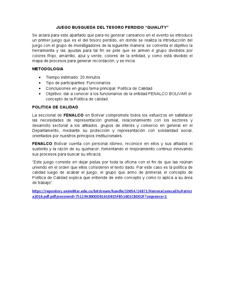 Juego Busqueda Del Tesoro Perdido (Politica de Calidad) | PDF ...