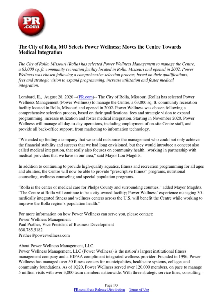 The City of Rolla, MO Selects Power Wellness Moves The Centre Towards ...