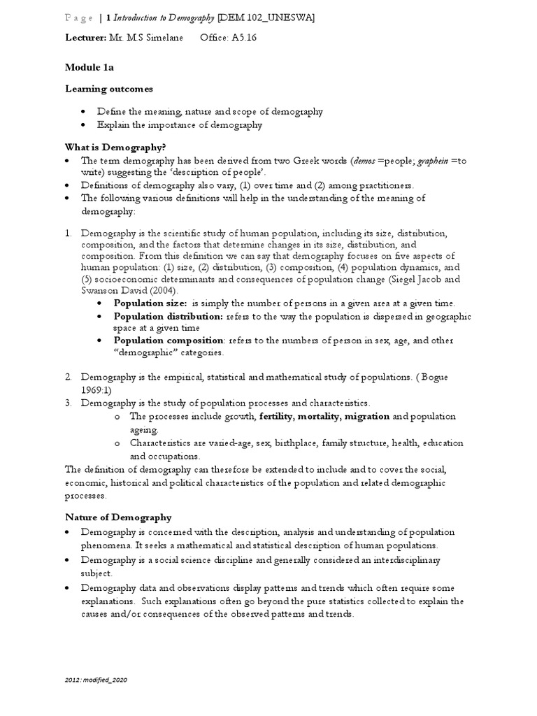 MODULE 1 Nature and Scope of Demography | PDF | Demography | Total ...