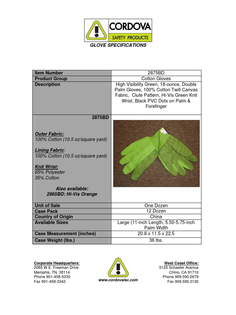 Glove Specifications: Item Number Product Group Description | PDF
