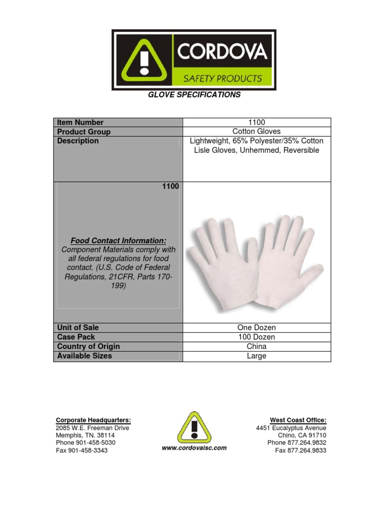 Glove Specifications: Item Number Product Group Description | PDF