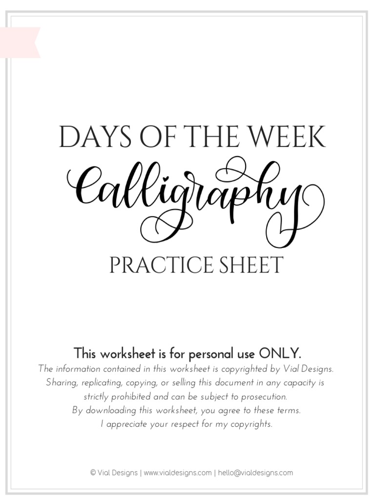 Days of The Week Free Calligraphy Worksheet by Vial Designs | PDF