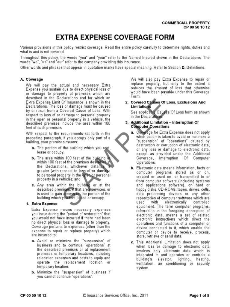 Extra Expense Coverage Form (CP 00 50) | PDF | Insurance | Expense