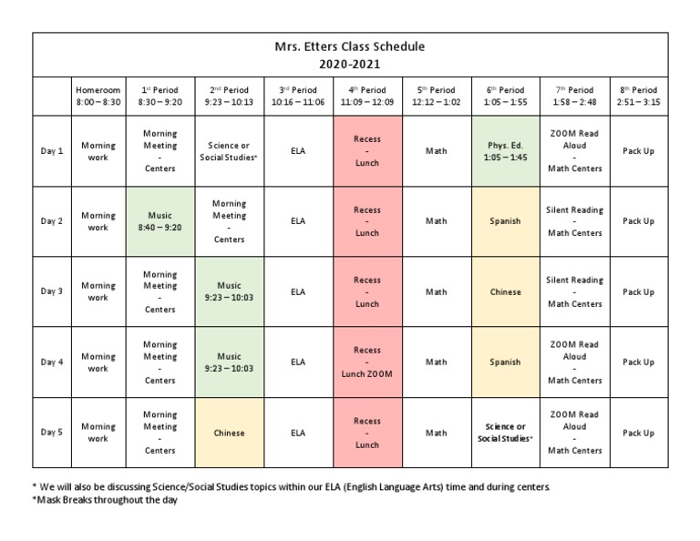 Mrs. Etters' 2020-2021 Class Schedule | PDF | Learning