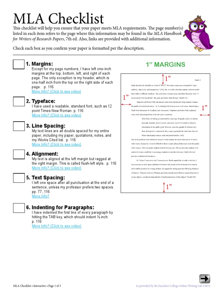 MLA Checklist: 1" Margins | PDF | Citation | Paragraph