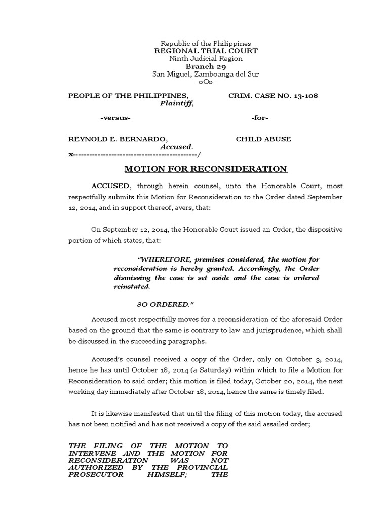 Bernardo Motion For Reconsideration | PDF | Prosecutor | Criminal Procedure In South Africa