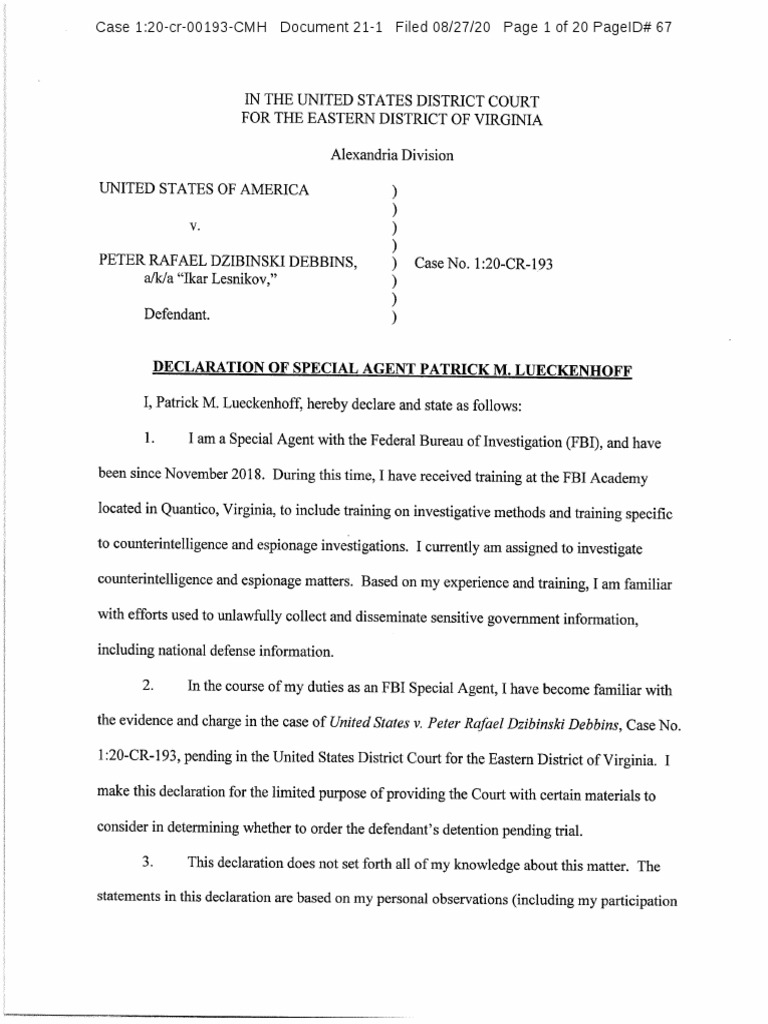Peter Debbins Court Filing | PDF | Special Agent | Federal Bureau Of ...
