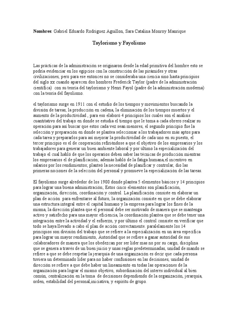 Taylor y Fayol Gabriel Rodriguez y Sara Monroy | PDF | Planificación ...