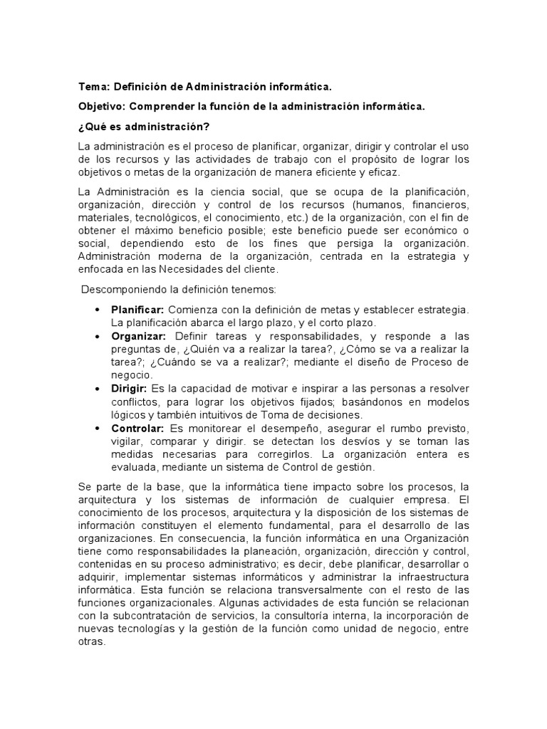 Tema I Definición de Administración Informática | PDF | Planificación ...