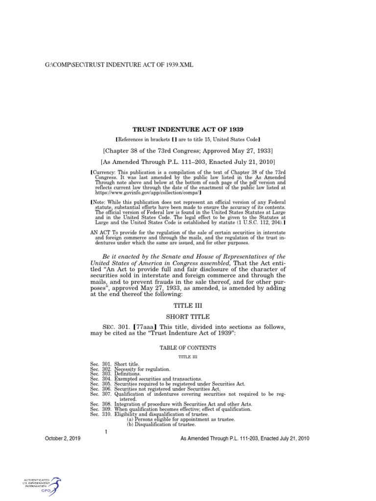 Trust Indenture Act of 1939 Overview | PDF | Securities Act Of 1933 ...