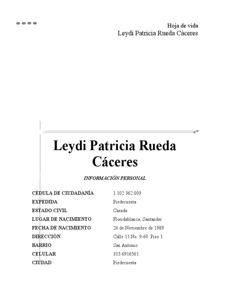 Hoja de Vida de Leydi Rueda: Salud Ocupacional | PDF | Seguridad y salud ocupacional | Labor