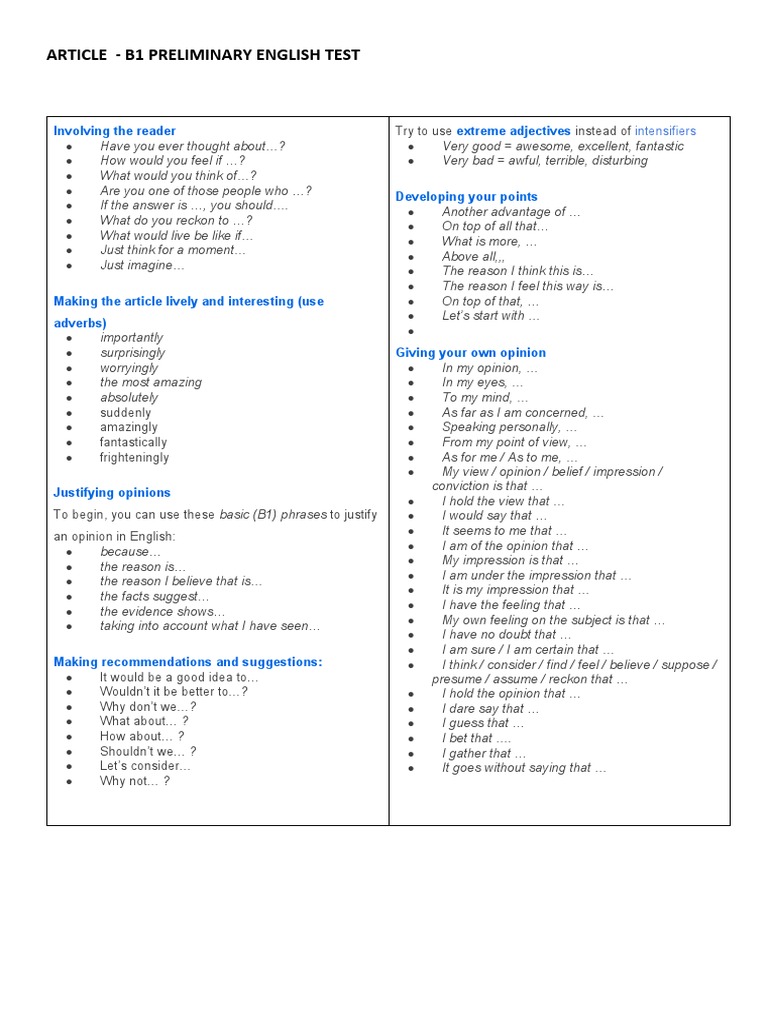 Article - B1 Preliminary English Test: Involving The Reader Extreme ...