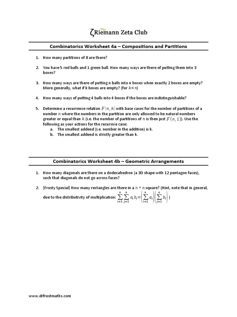 Combinatorics Worksheet 4a - Compositions and Partitions: N N I I I 1 N I J 1 N I | PDF
