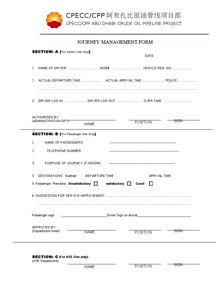 Journey Management Form Template | PDF | Speed Limit | Traffic