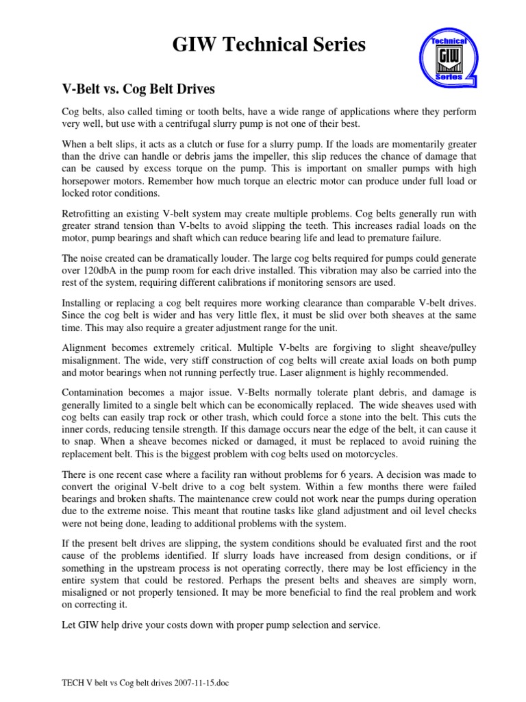 GIW Technical Series: V-Belt vs. Cog Belt Drives | PDF | Belt ...