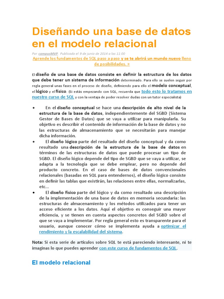 Diseñando Una Base de Datos en El Modelo Relacional | PDF | SQL | Bases ...