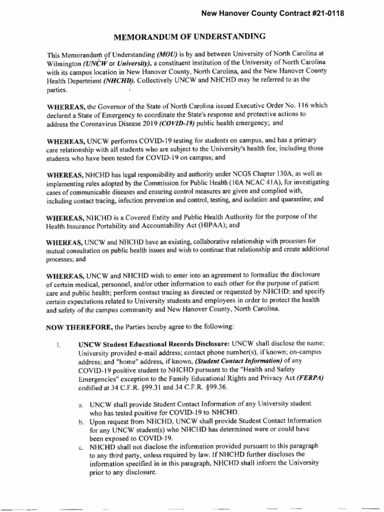 UNCW - NHC Agreement To Share Covid-19 Data | PDF | Health Insurance ...
