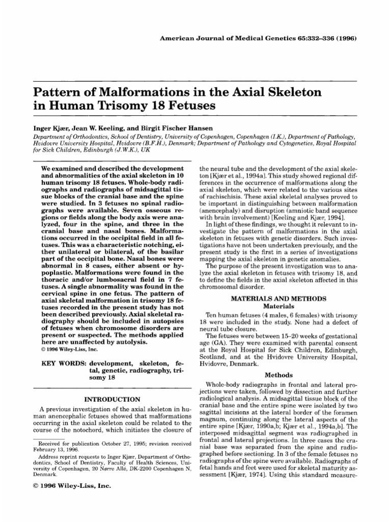 Pattern of Malformations in The Axial Skeleton in Human Trisomy 18 ...