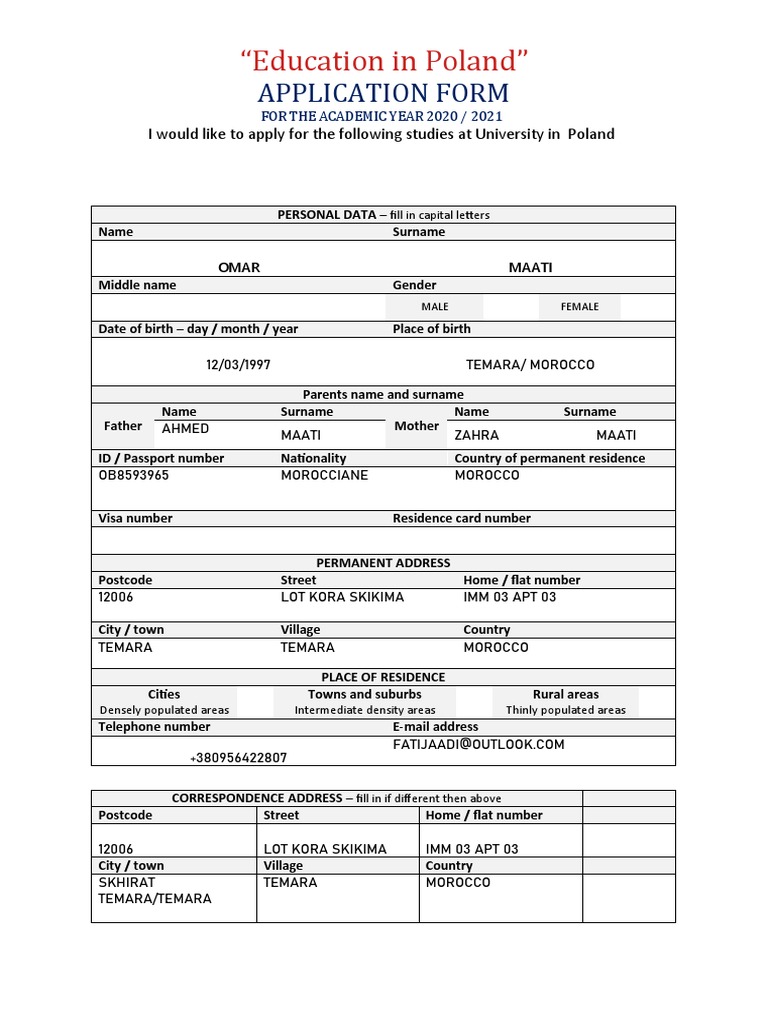 Application Form-Poland PDF | Download Free PDF | Academic Degree ...