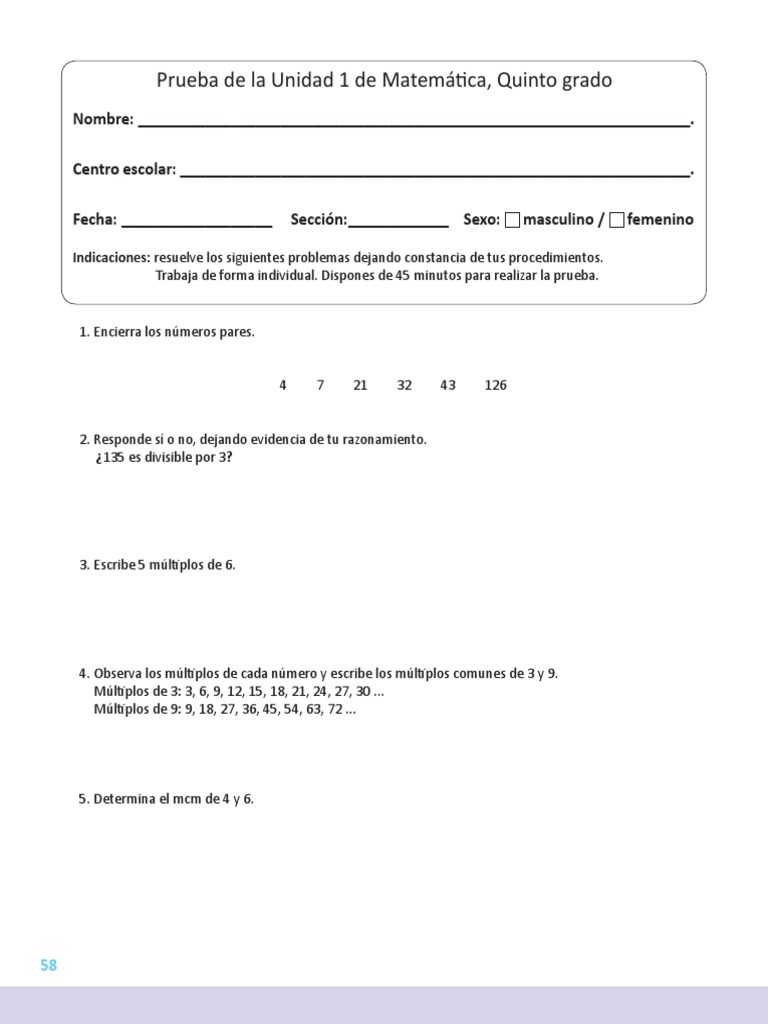 Hojas De Trabajo De Matemáticas De Prueba De Quinto Grado Untitled