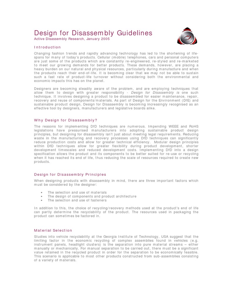 Design For Disassembly Guidelines: Active Disassembly Research, January ...