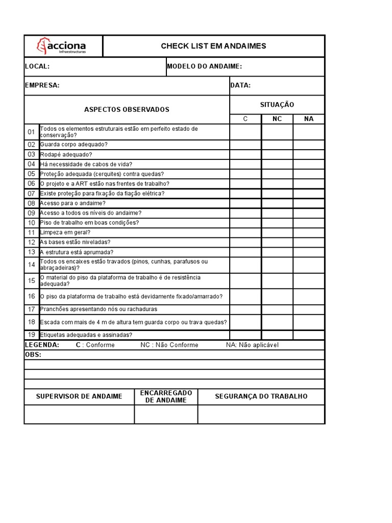 Check List de Mensal de Andaimes | PDF